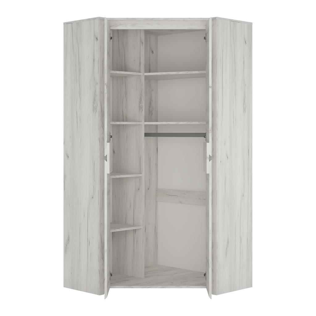 Avalon Large Modern White Corner Wardrobe with Oak Effect | OHI