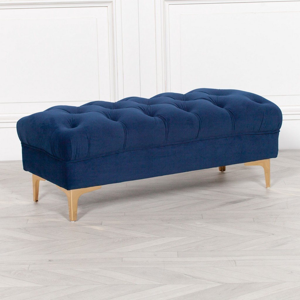 Prussian Blue Velvet Bench with Gold Legs & Button Detail | OHI