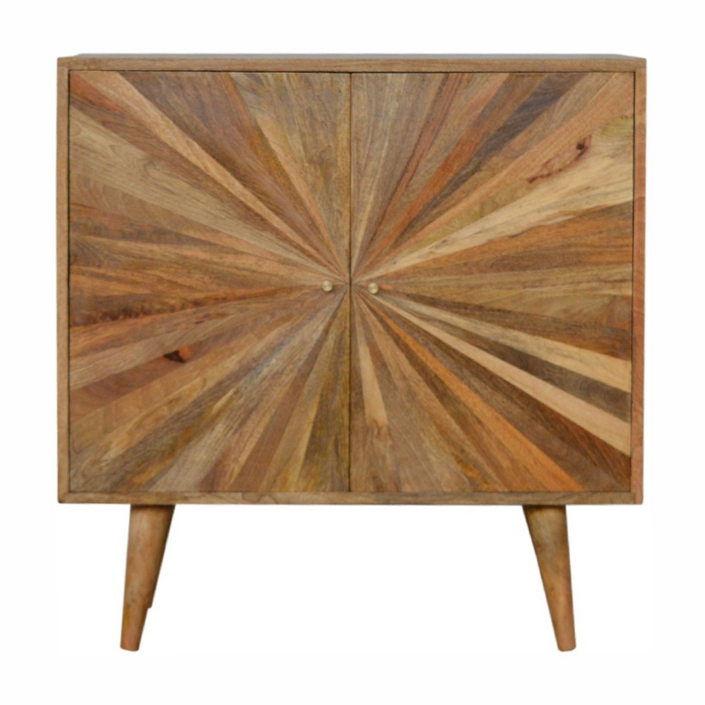 Retro Solid Wood Cabinet with Oak Finish and Sunburst Pattern
