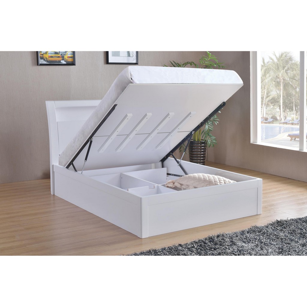 Modern White Storage Bed with LED Light in High Gloss - Choice of Sizes