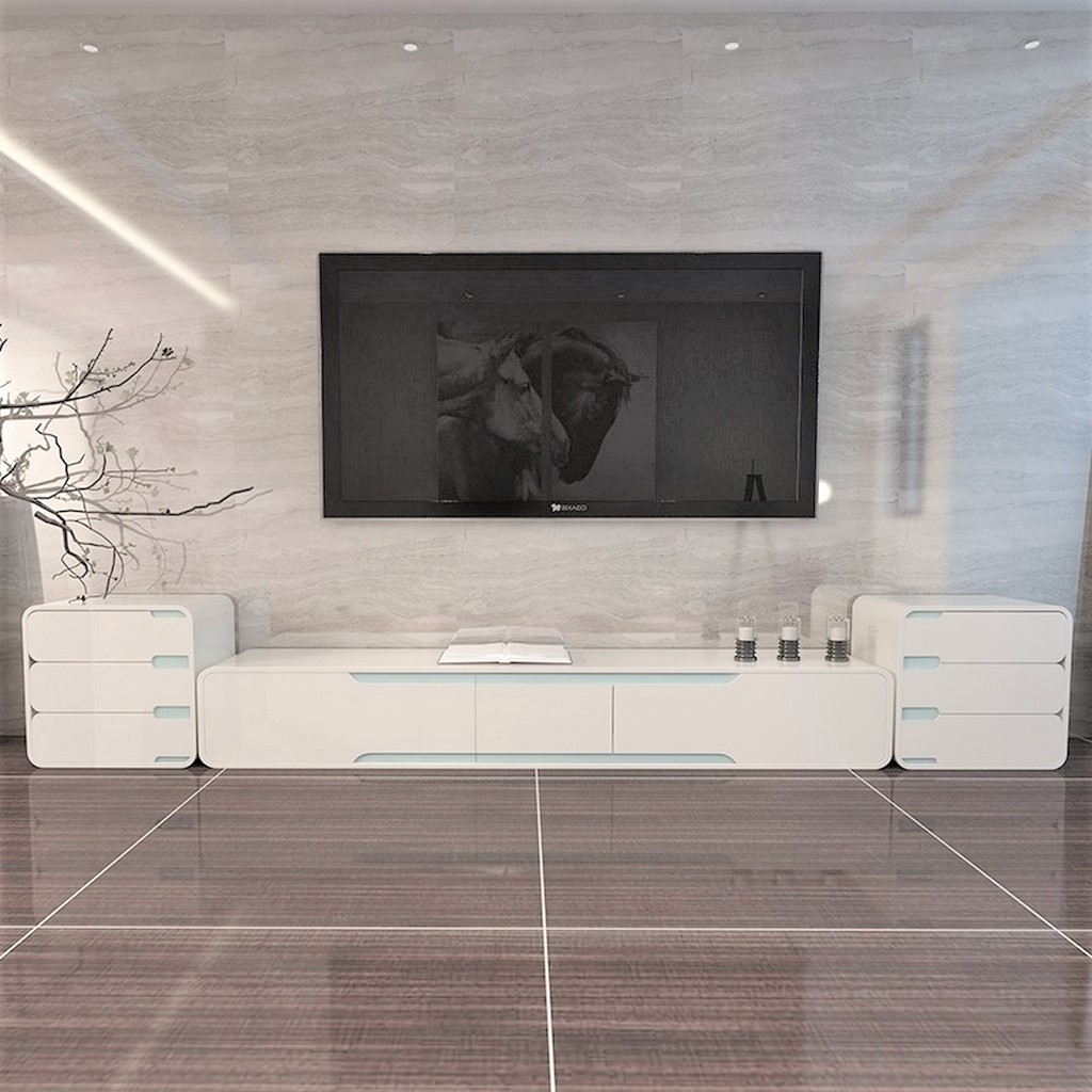 Modern Large White TV Cabinet with Drawers & Blue Accent